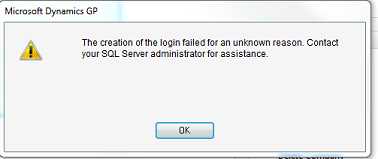 "The Creation of the login failed" Error in Dynamics GP (Great Plains)